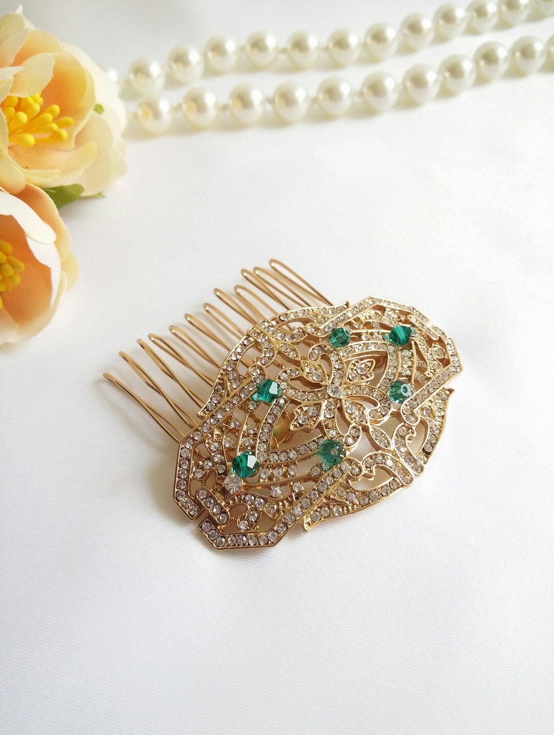 Gold Crystal Green Hair Comb Small Gold Hair Clip Gold Green - Etsy