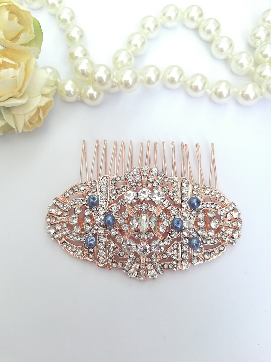 Edwardian Styled Rose Gold Hair Comb With Light Blue Pearls Art Deco ...