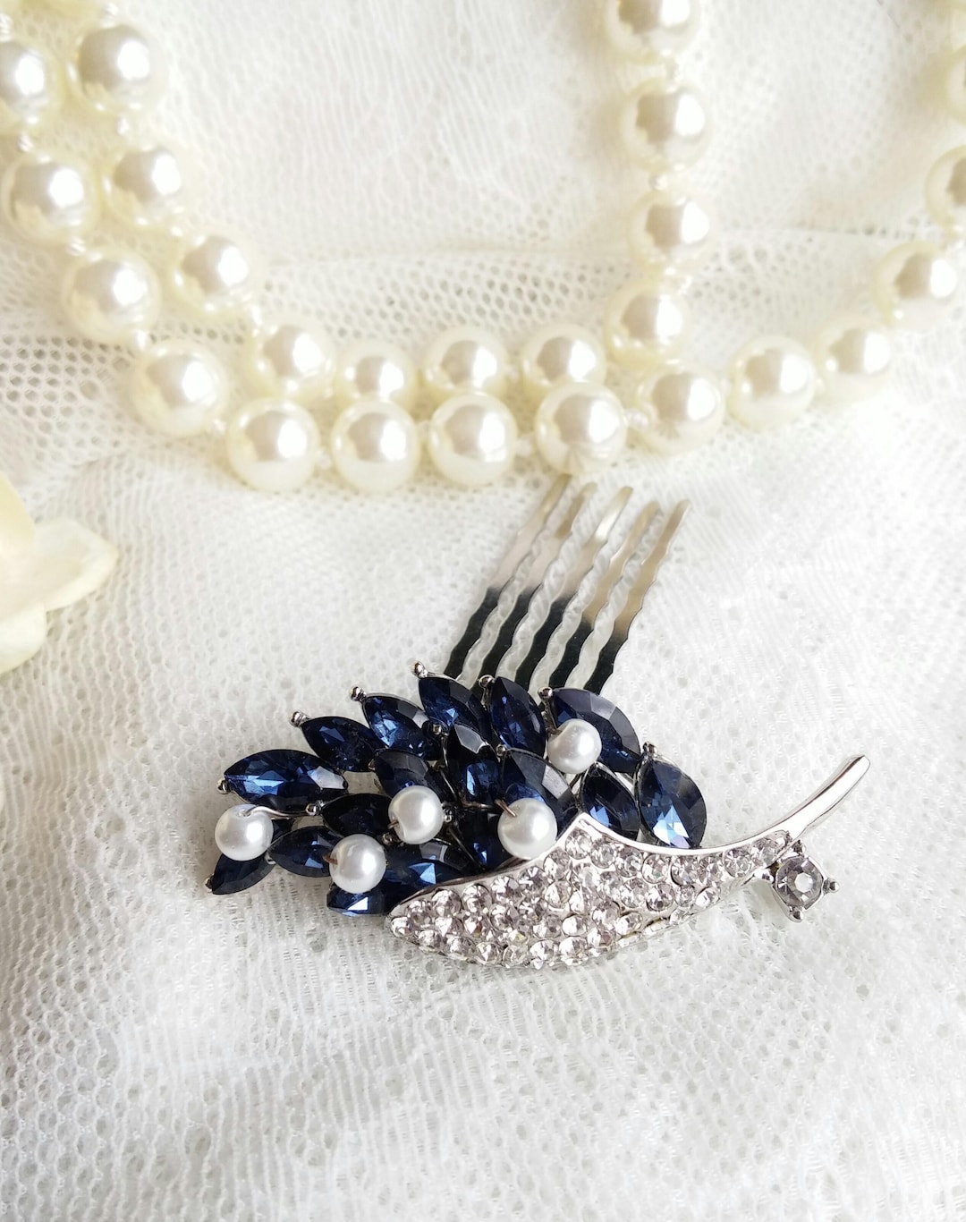 Small Blue Hair Pin With Pearls Blue Wedding Hair Clip Sapphire Crystal ...