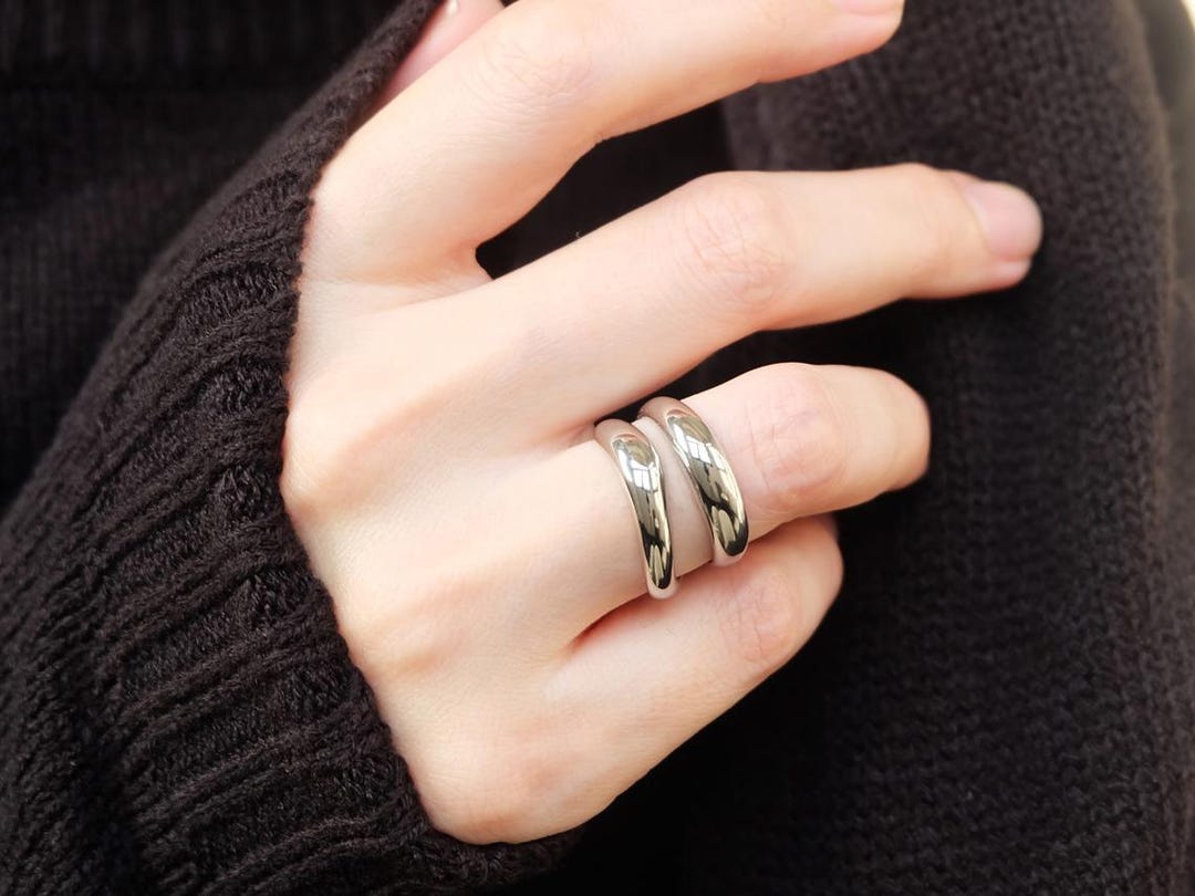 Double Band Silver Open Ring, Chunky Sculptural Ring, Adjustable Bold ...