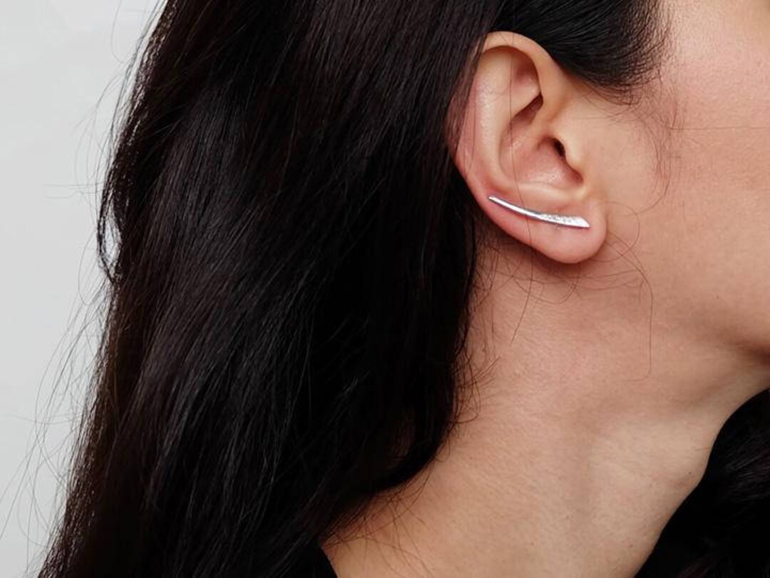 Long Bar Curved Earrings, Ear Climber Earrings, Long Ear Climber ...