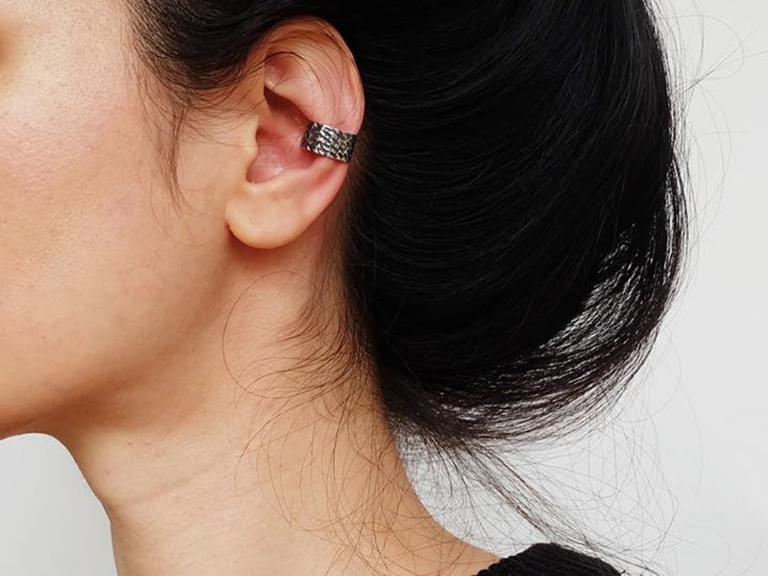 Texture Ear Cuff, Silver Upper Ear Cuff, Silver Hammered Wide Wrap, Non ...