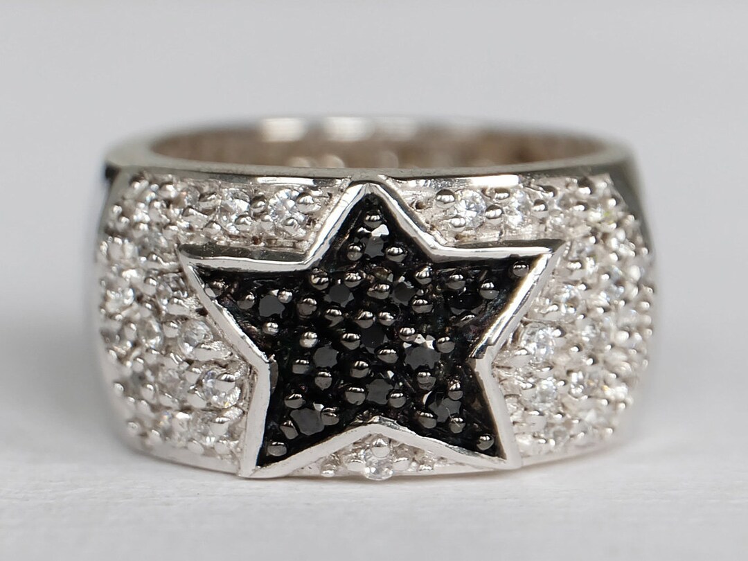 STAR DESIGN RING, Sterling Silver Black and White Cz Ring, Black and ...