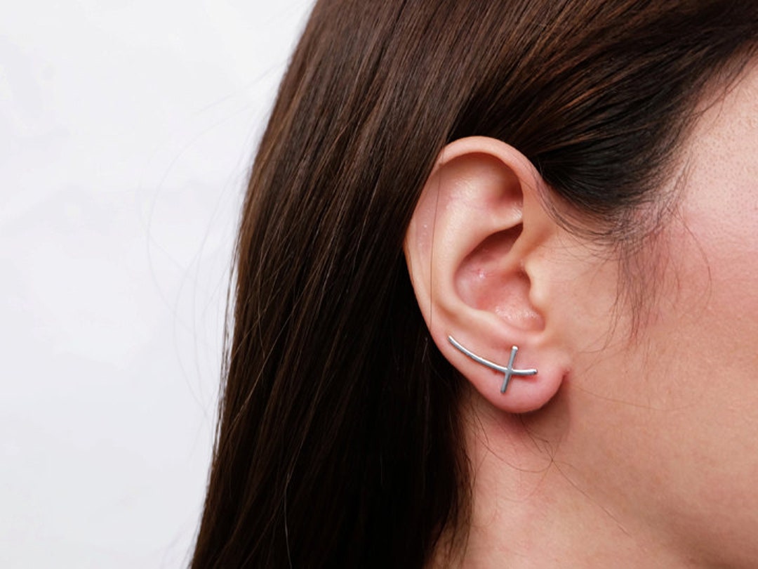 Sideway Cross Earrings, Minimalist Earring, Line Earrings, Silver Cross ...