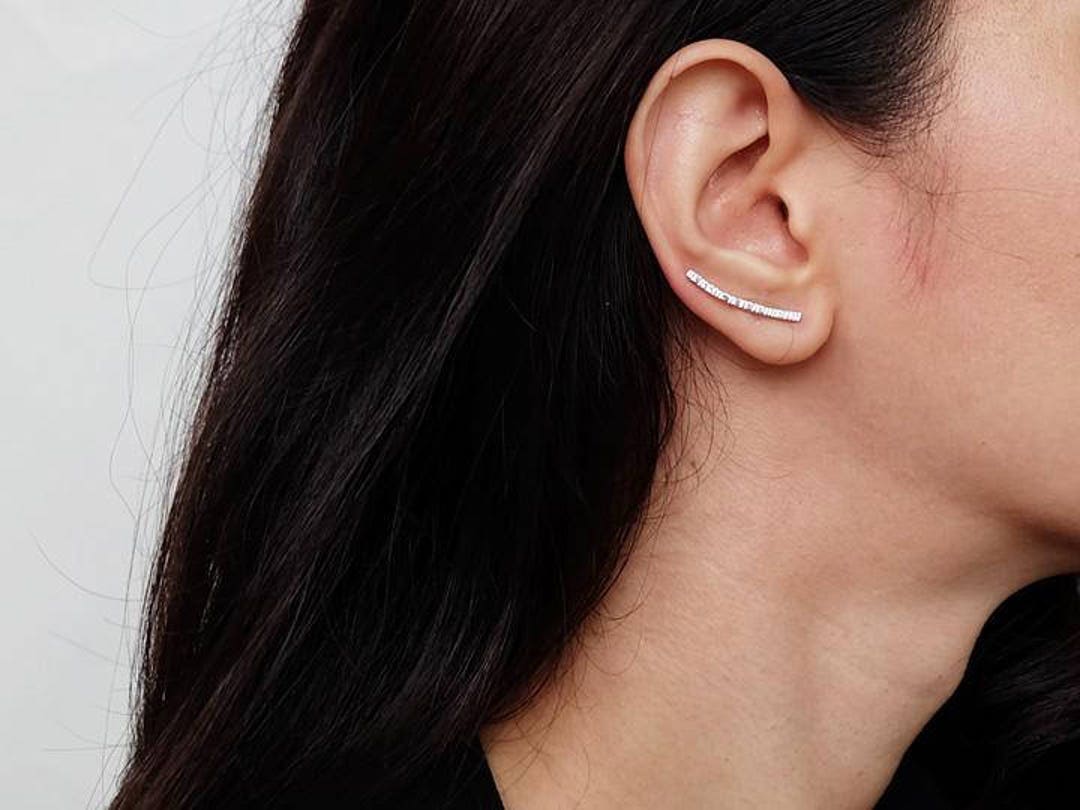 Bar Curved Earrings, Ear Climber Earrings, Long Ear Climber, Silver Ear ...