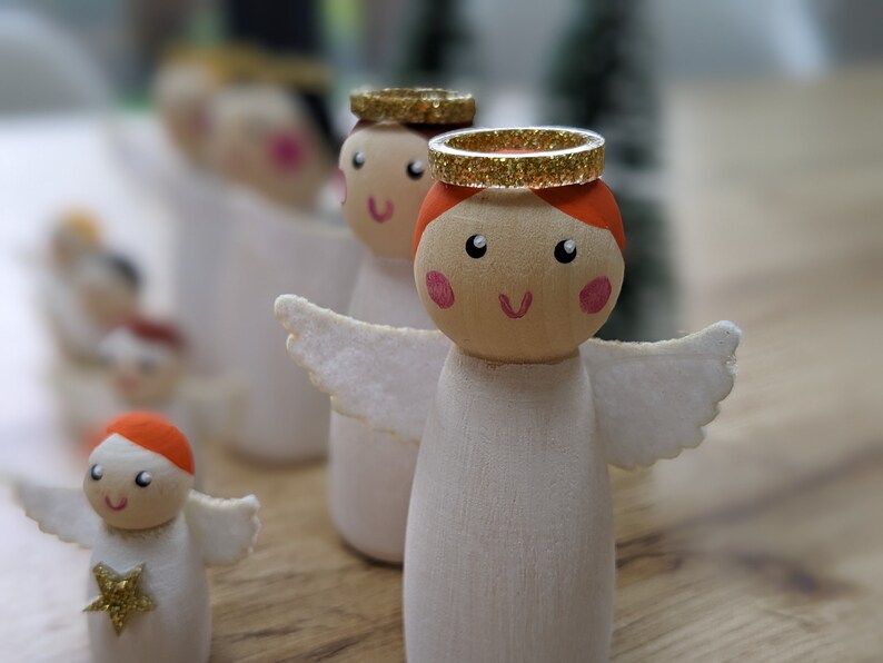 Wooden Angels- Cute Peg Dolls, Hand Painted With Shimmering Felt Wings ...