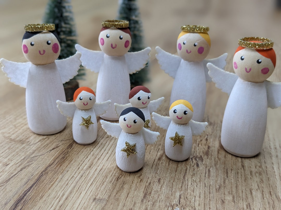 Wooden Angels- Cute Peg Dolls, Hand Painted With Shimmering Felt Wings ...