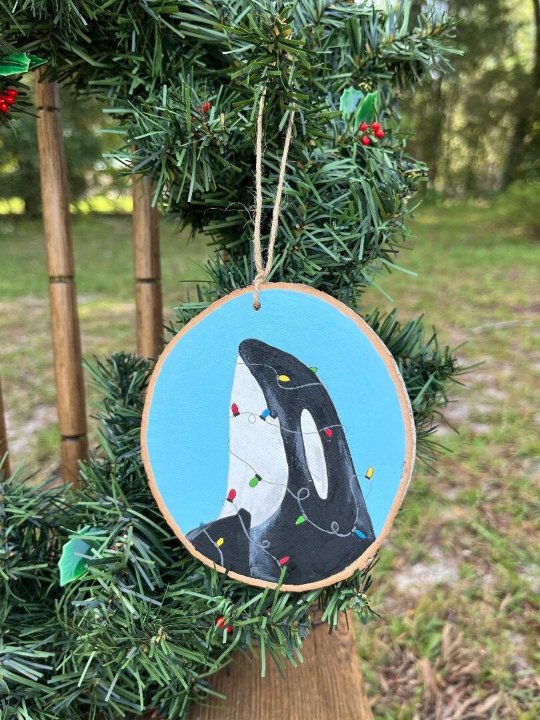 Orca in Holiday Lights Hand Painted Wood Slice Ornament, Christmas ...