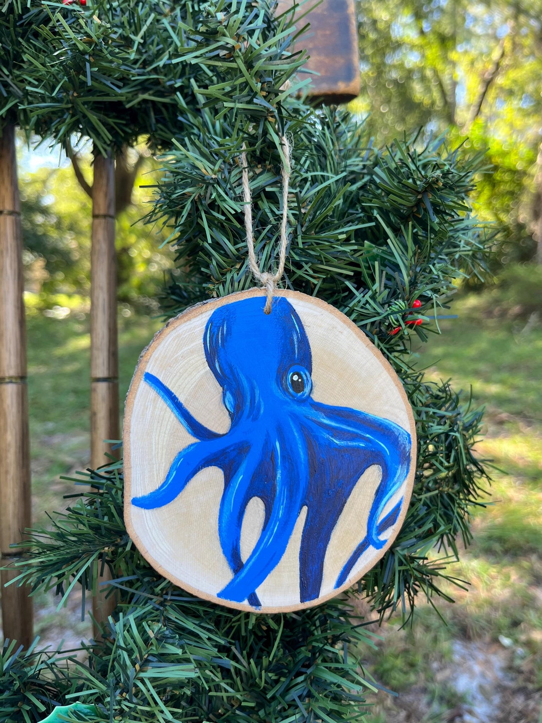 Blue Octopus Hand Painted Wood Slice Ornament, Octopus Art, Ocean, Sea ...