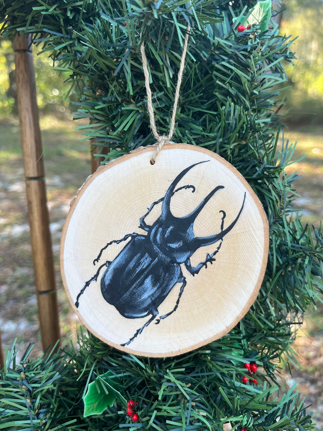 Rhino Beetle Hand Painted Wood Slice Ornament, Insect Art - Etsy