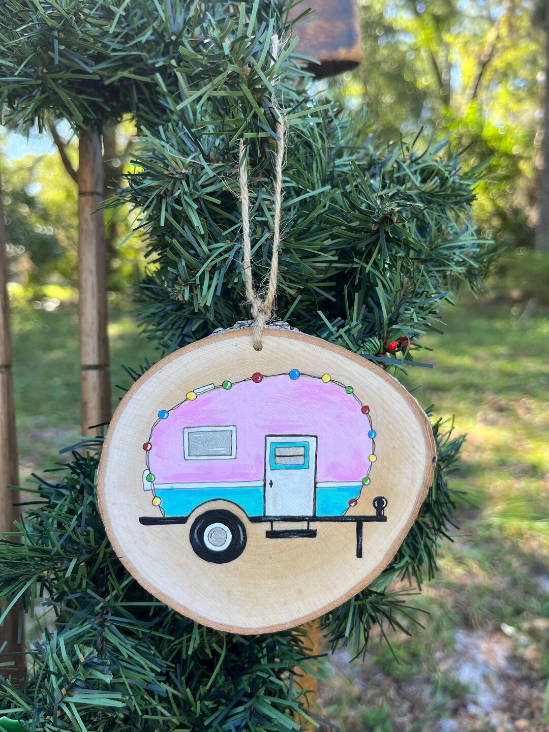 RV in Holiday Lights Hand Painted Wood Slice Ornament, Christmas ...