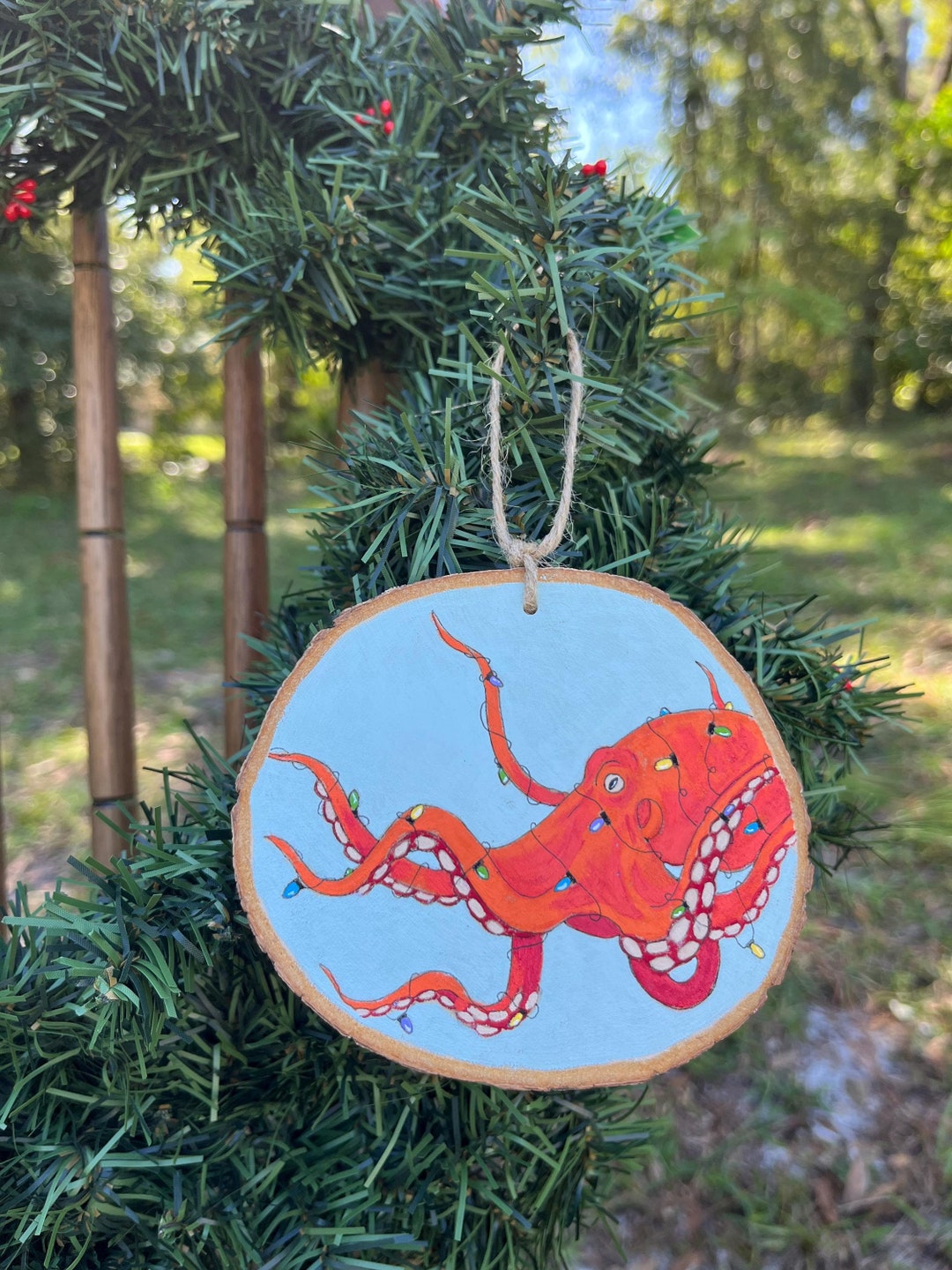 Octopus in Holiday Lights Hand Painted Wood Slice Ornament, Christmas ...