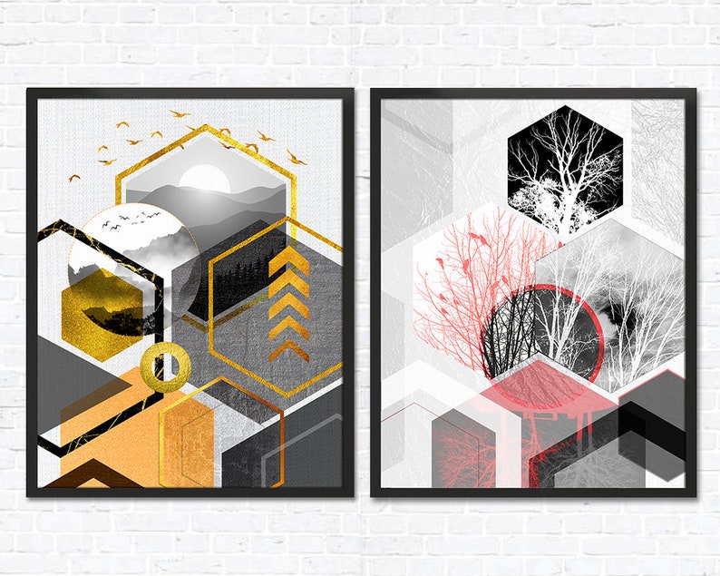 Geometric Wall Art, Geometric Prints, Set of 2, Geometric Decal ...