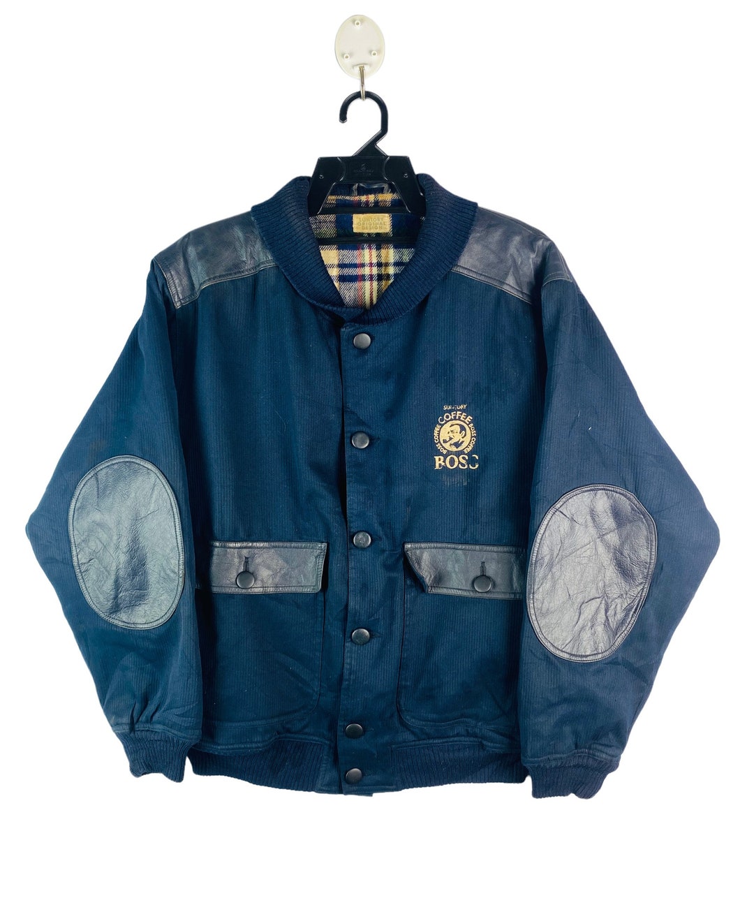 Vtg 90s Suntory Boss Coffee Bomber Jacket Plaid Lined Leather Parts Fit ...