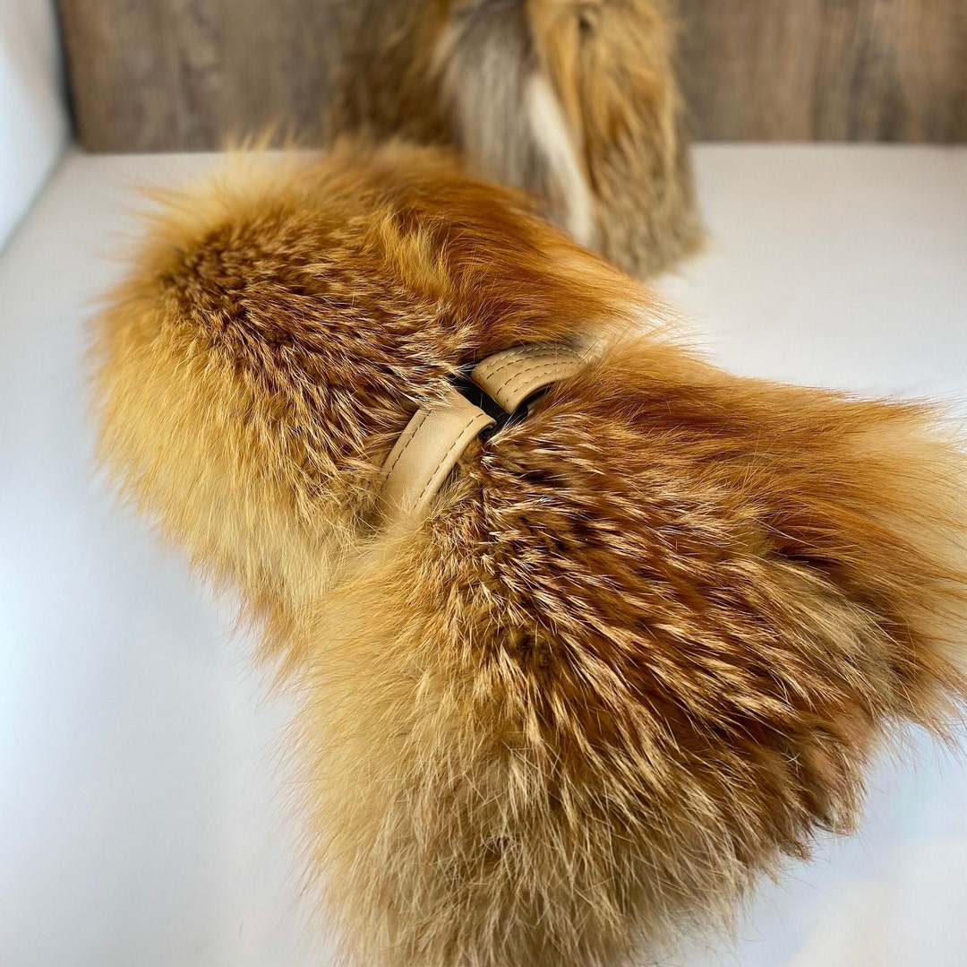 Long Mittens, RED FOX Fur, Red Leather Palms and Removable Fleece ...