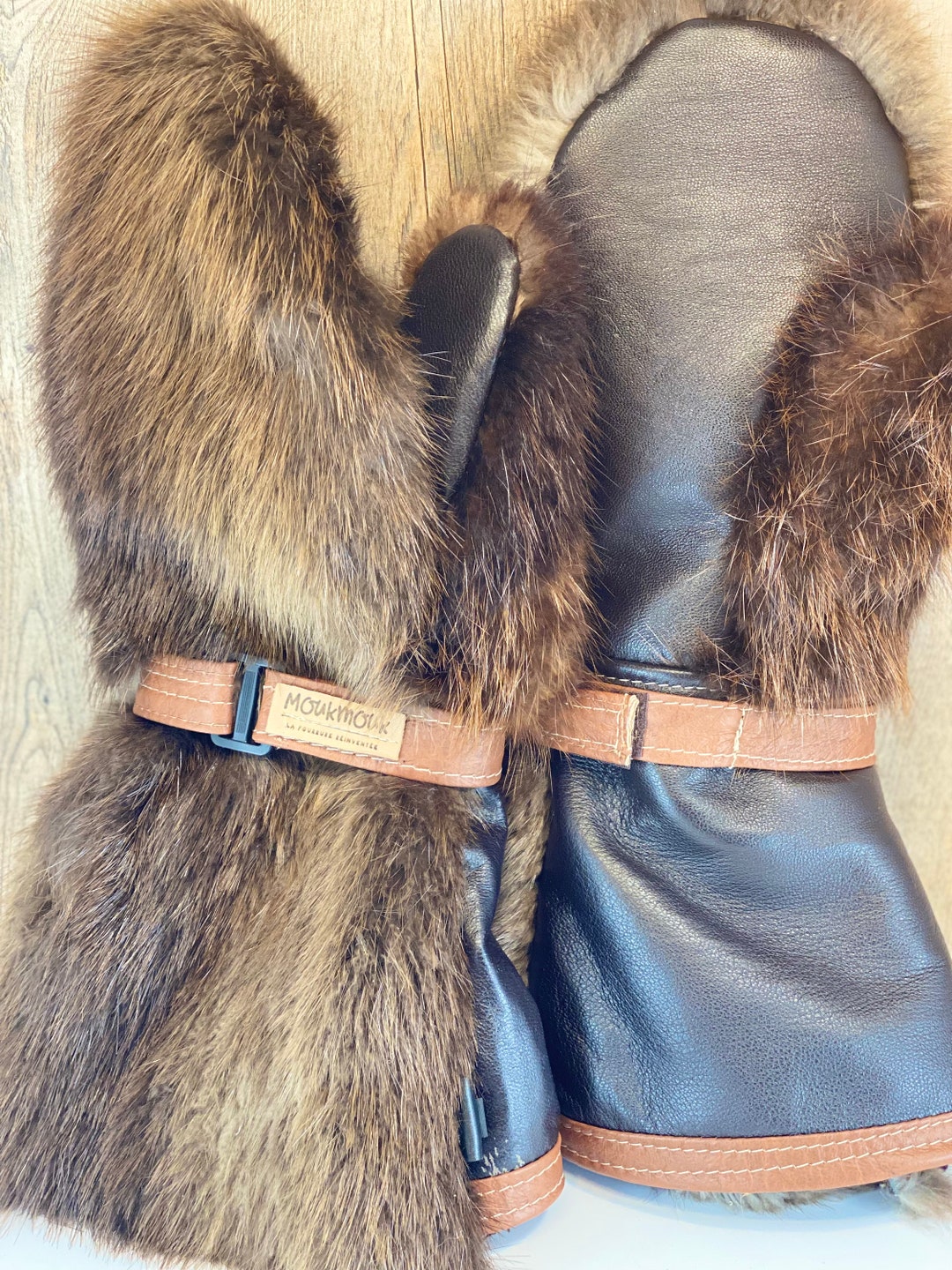 Long Mittens, Real Beaver Fur, Fur Thumbs, Leather Palms, Removable ...