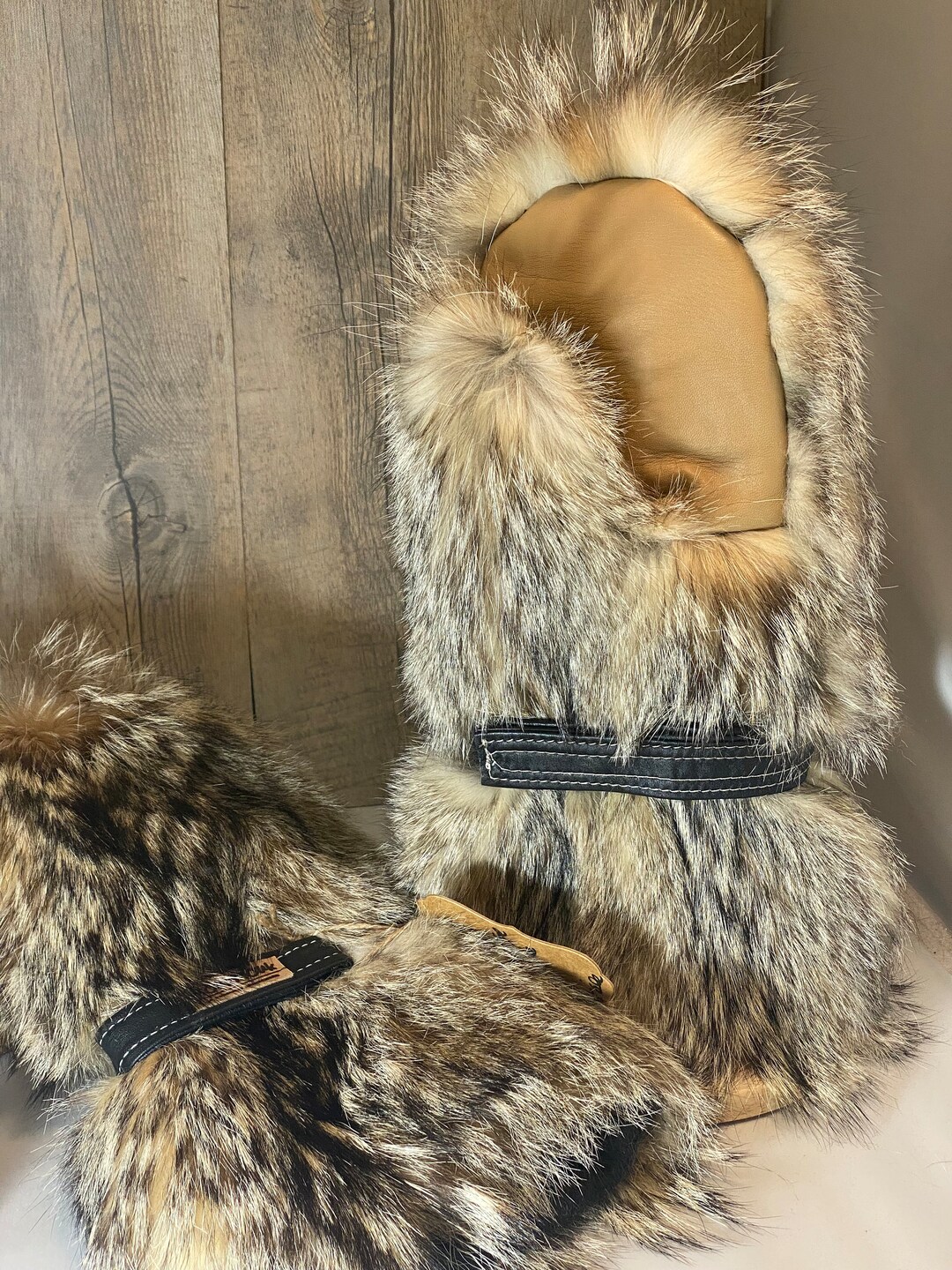 Long Mittens, Real Recycled Fur, Leather Palms and Removable Fleece ...