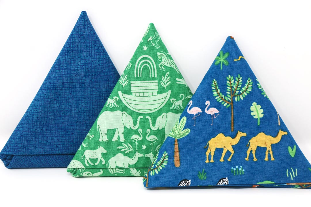 3 Fat Quarters - Two by Two - Animals - Green/blue - 100% Cotton Fabric ...
