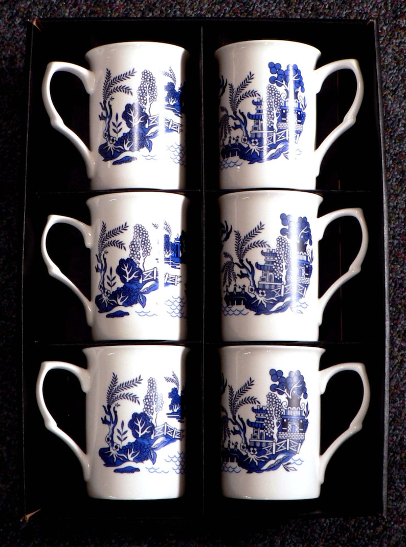 Blue Willow Pattern Bone China Mugs - Set of 6 Gift Boxed 10oz Mugs All ...