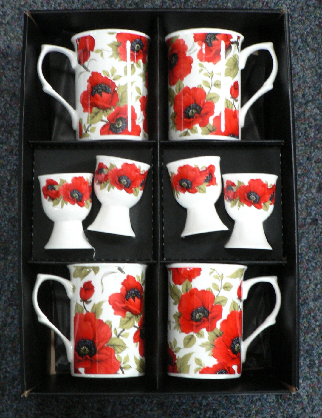 Poppy Bone China Mugs and Egg Cups - Set of 4 Gift Boxed Mugs and ...