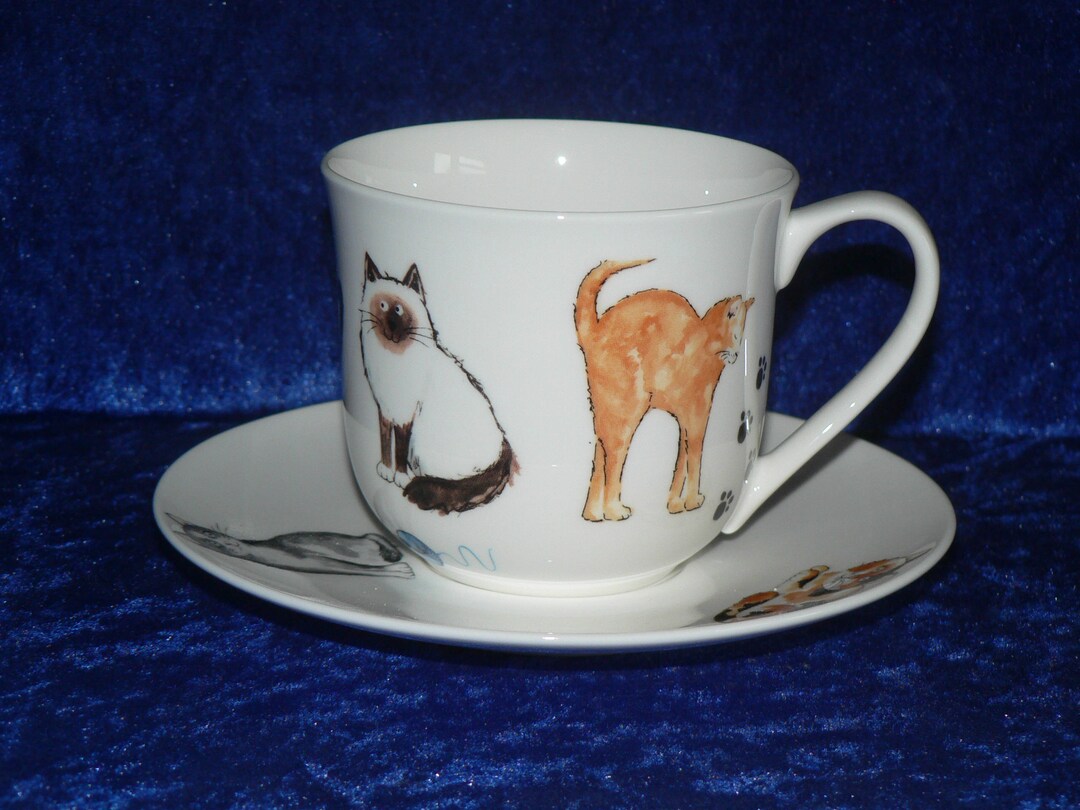 Cats Cup and Saucer Set. Bone China Cup and Saucer Decorated With Cats ...