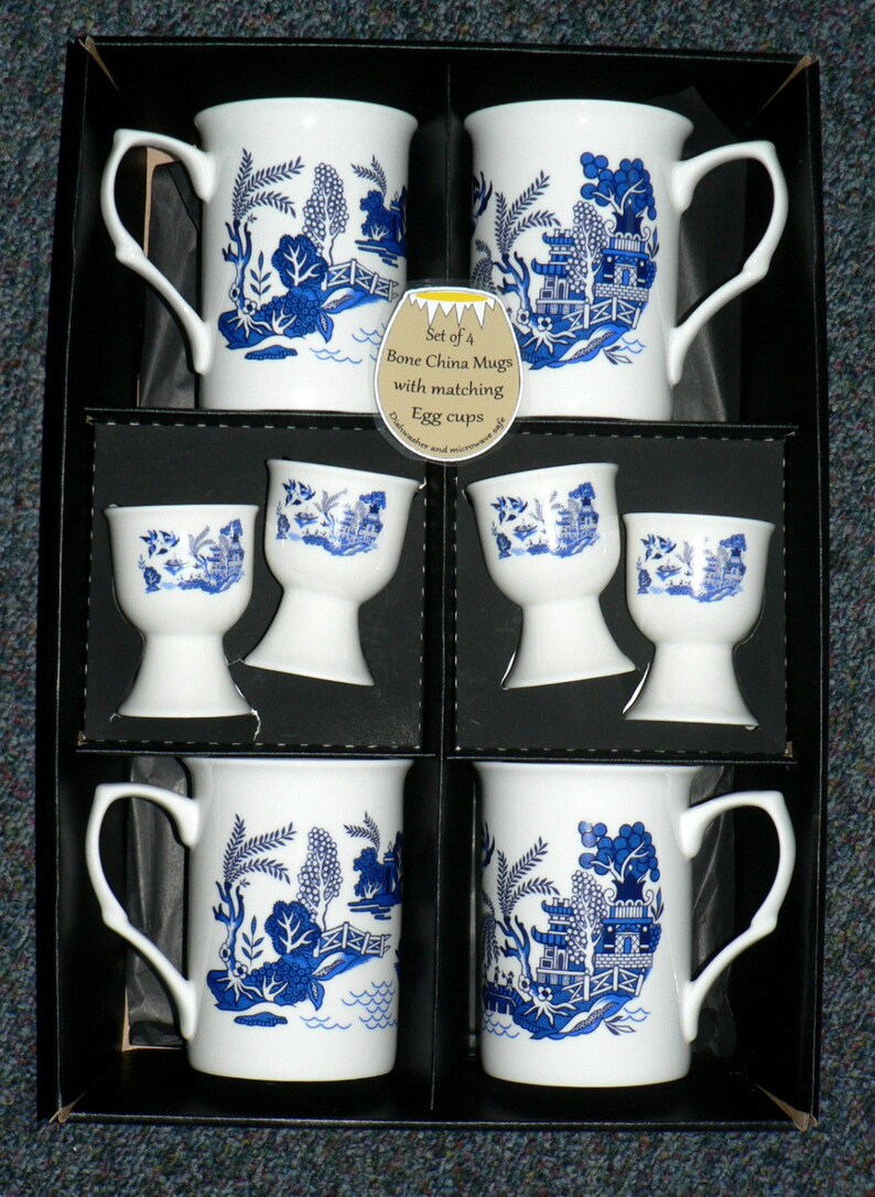 Blue Willow Pattern China Mugs and Egg Cups Set of 4 Gift - Etsy