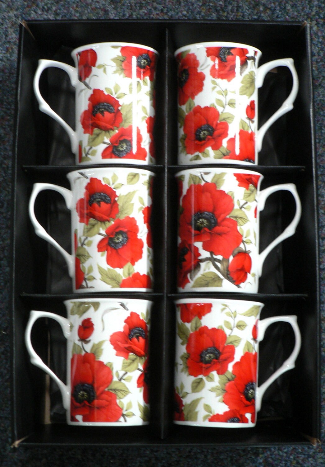 Poppy Bone China Mugs - Set of 6 Gift Boxed - Box of 6 Each Slightly ...