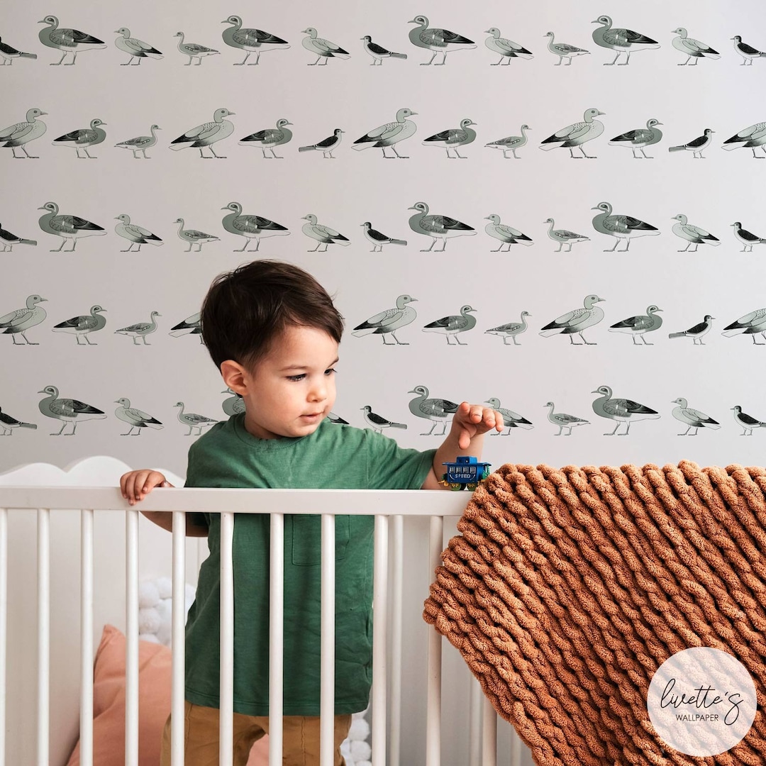 Vintage Duck Design Removable Wallpaper, Neutral Baby Room Wallpaper ...
