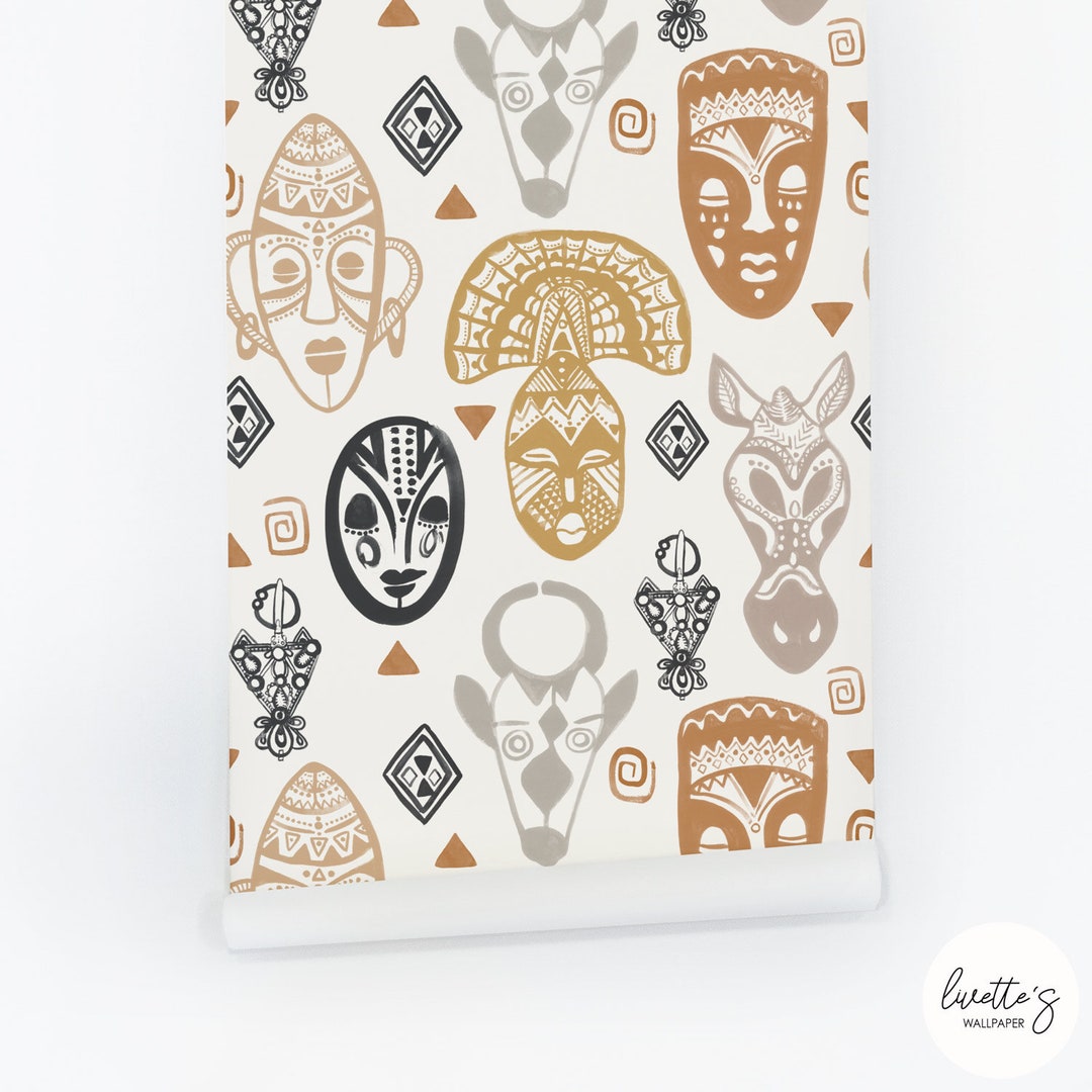 Tribal Masks Pattern Wallpaper, Gender Neutral Playroom Wallpaper, Self ...