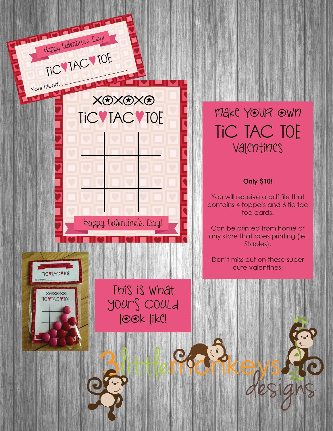 Tic Tac Toe Valentine | Instant Download | Valentine's Day Card ...