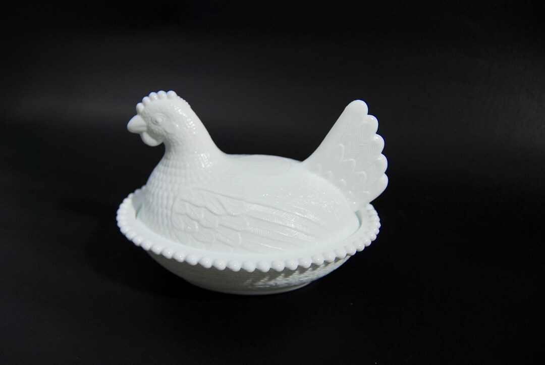 Vintage White Milk Glass Hen on Nest - Etsy