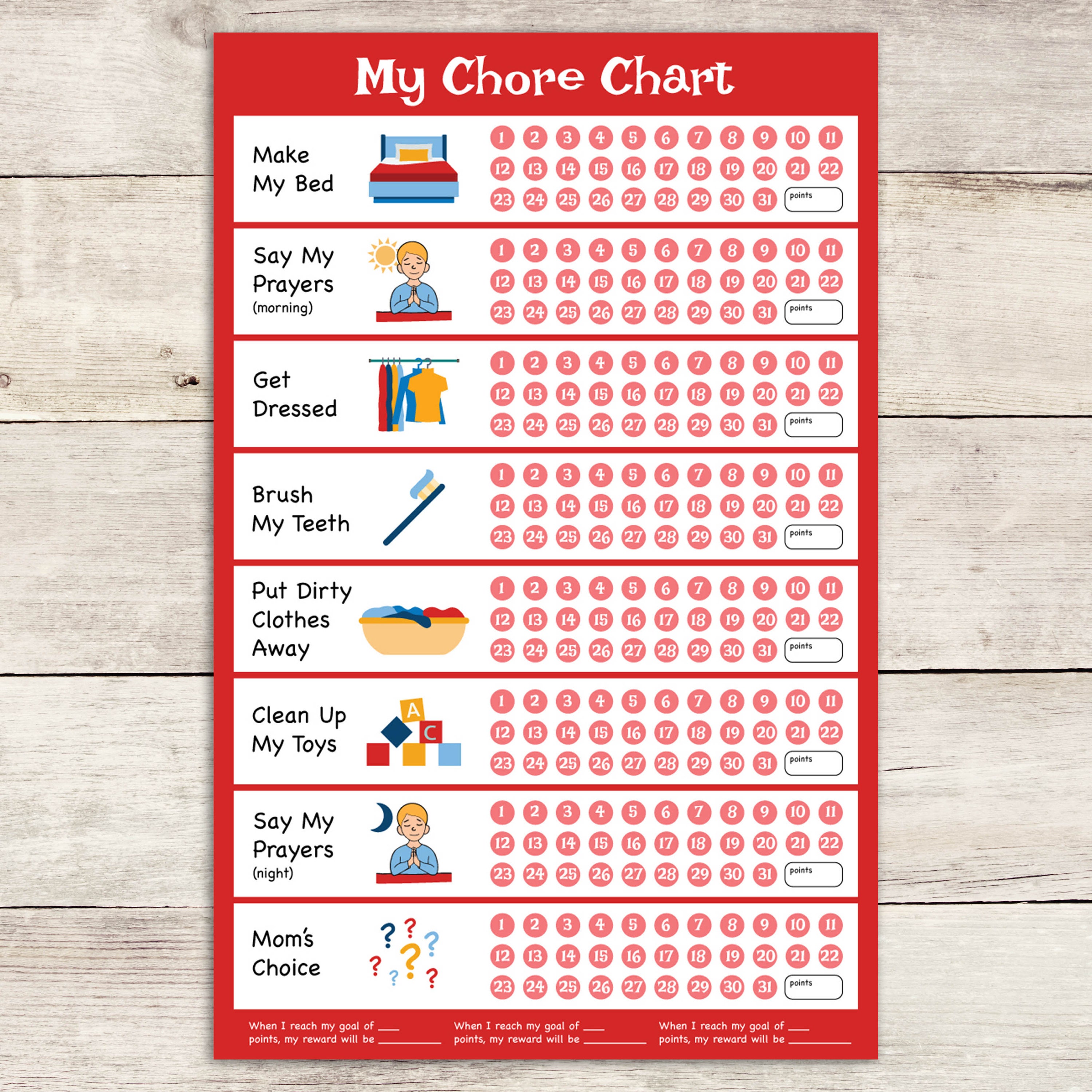 Monthly Chore Chart for Kids in Red - Etsy