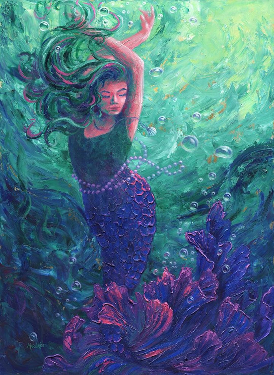 Whimsical Mermaid Dancing Mythical Siren Sea Green Seashells Pearls ...