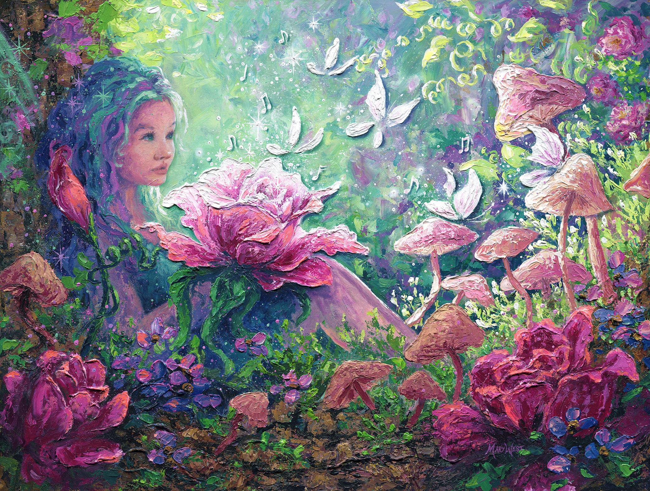 Whimsical Fairy Mushroom Rose Flower Butterfly Magical Music Moss ...