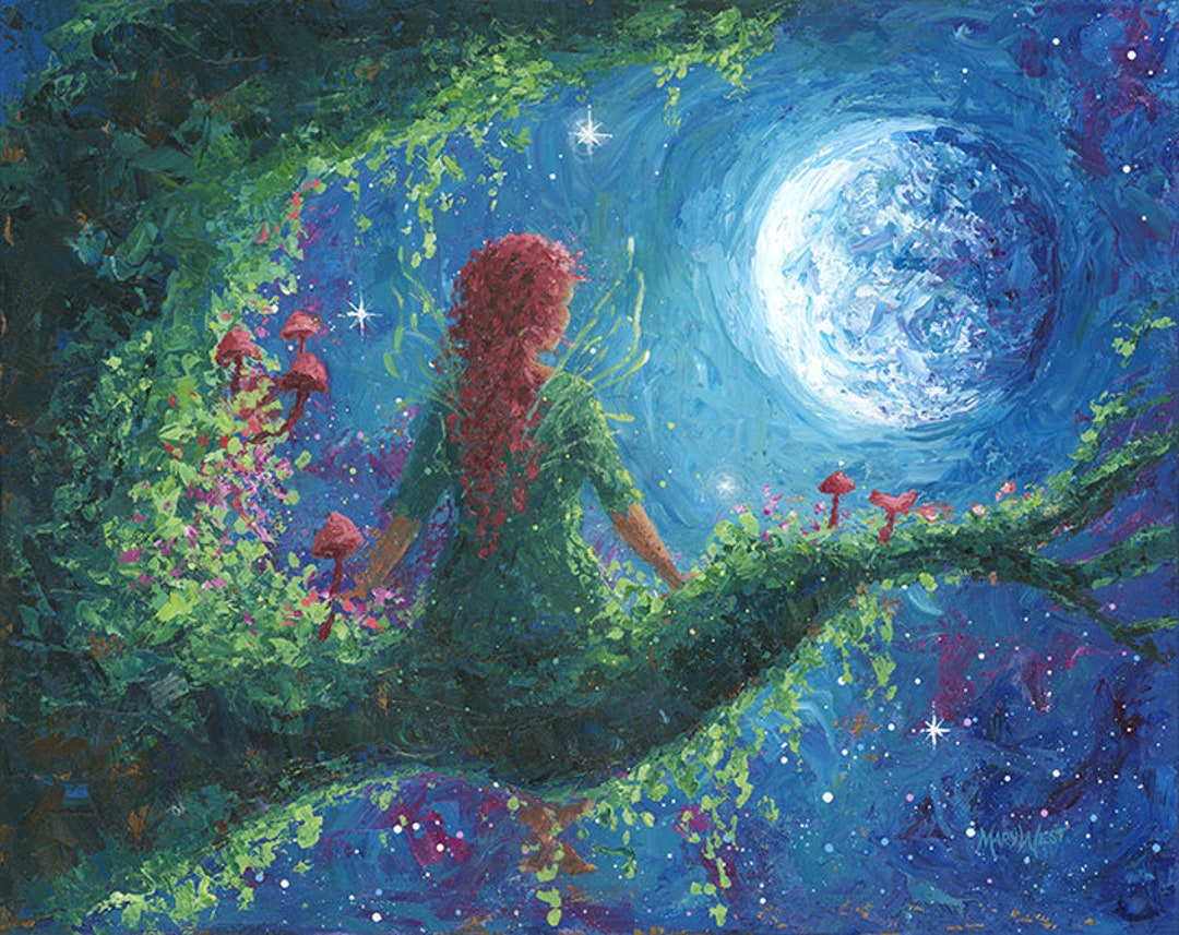 Whimsical Fairy Moon Sun Stars Galaxy Mushroom Magical Moss Tree Forest ...
