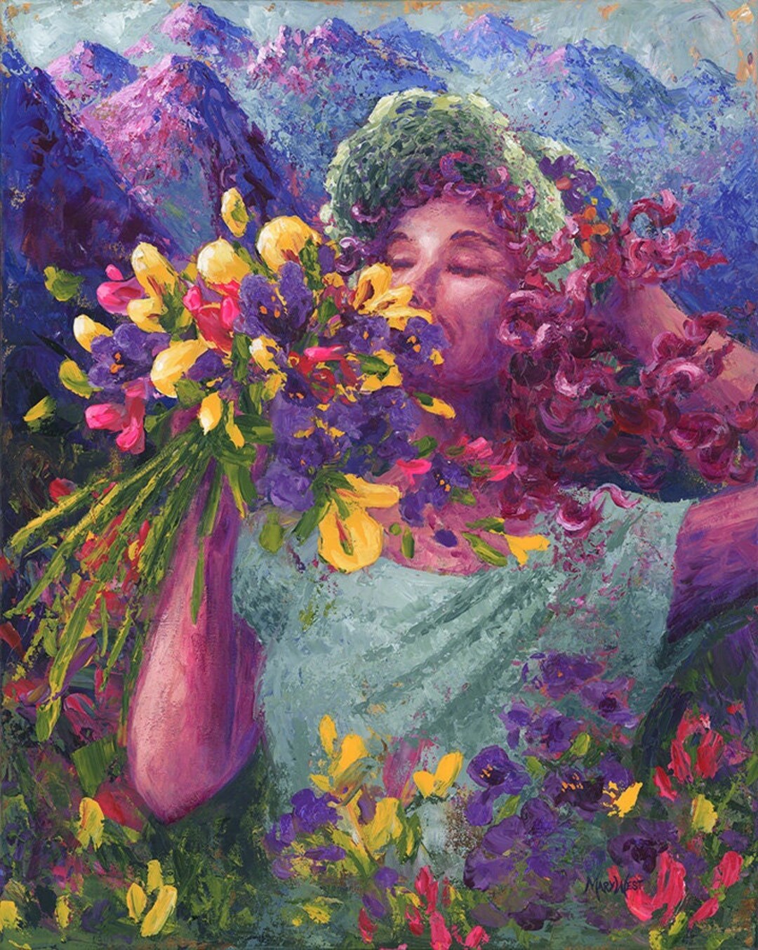 Whimsical Woman Smelling Flower Garden Mountain Mary West Art and ...