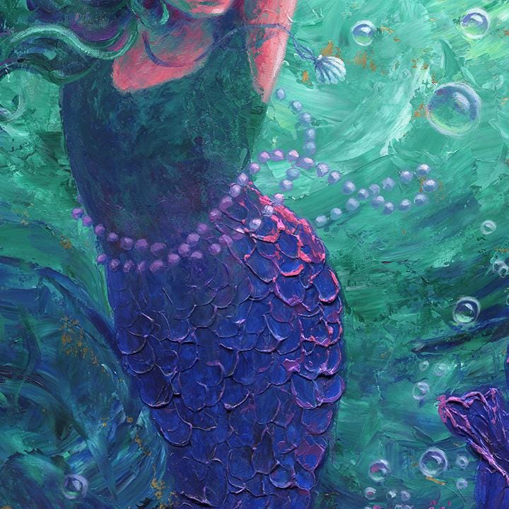 Whimsical Mermaid Dancing Mythical Siren Sea Green Seashells Pearls ...