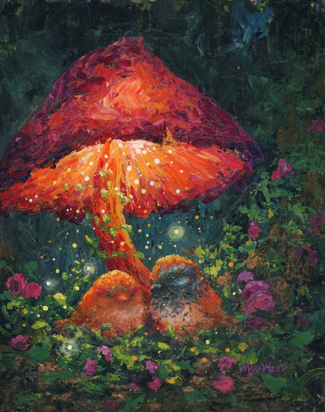 Whimsical Fairy Wren Cute Birds Glowing Mushroom Cozy Garden Firefly ...
