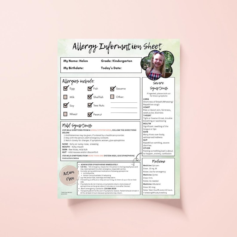 Allergy Information Sheet CANVA Template + (8.5x11in)- Edit as Needed ...