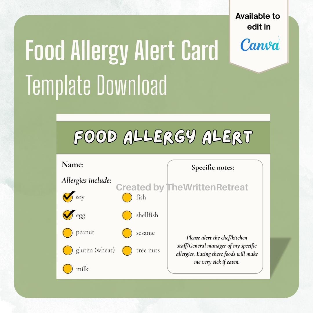 Food Allergy Alert Card Canva TEMPLATE | Allergy Alert | Available in 3 ...