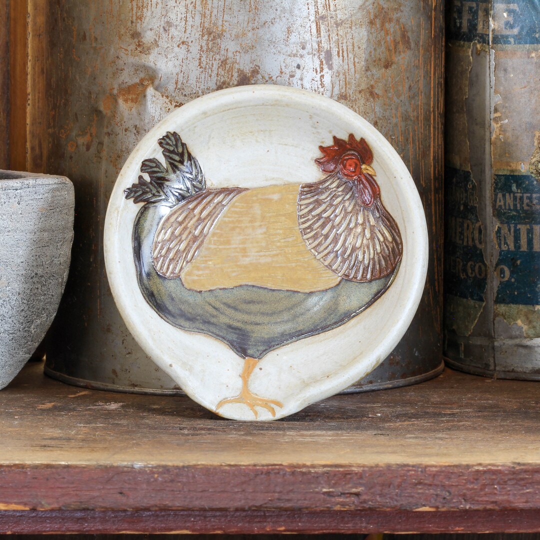Black and Tan Chicken Spoon Rest, Handmade Pottery Plate - Etsy