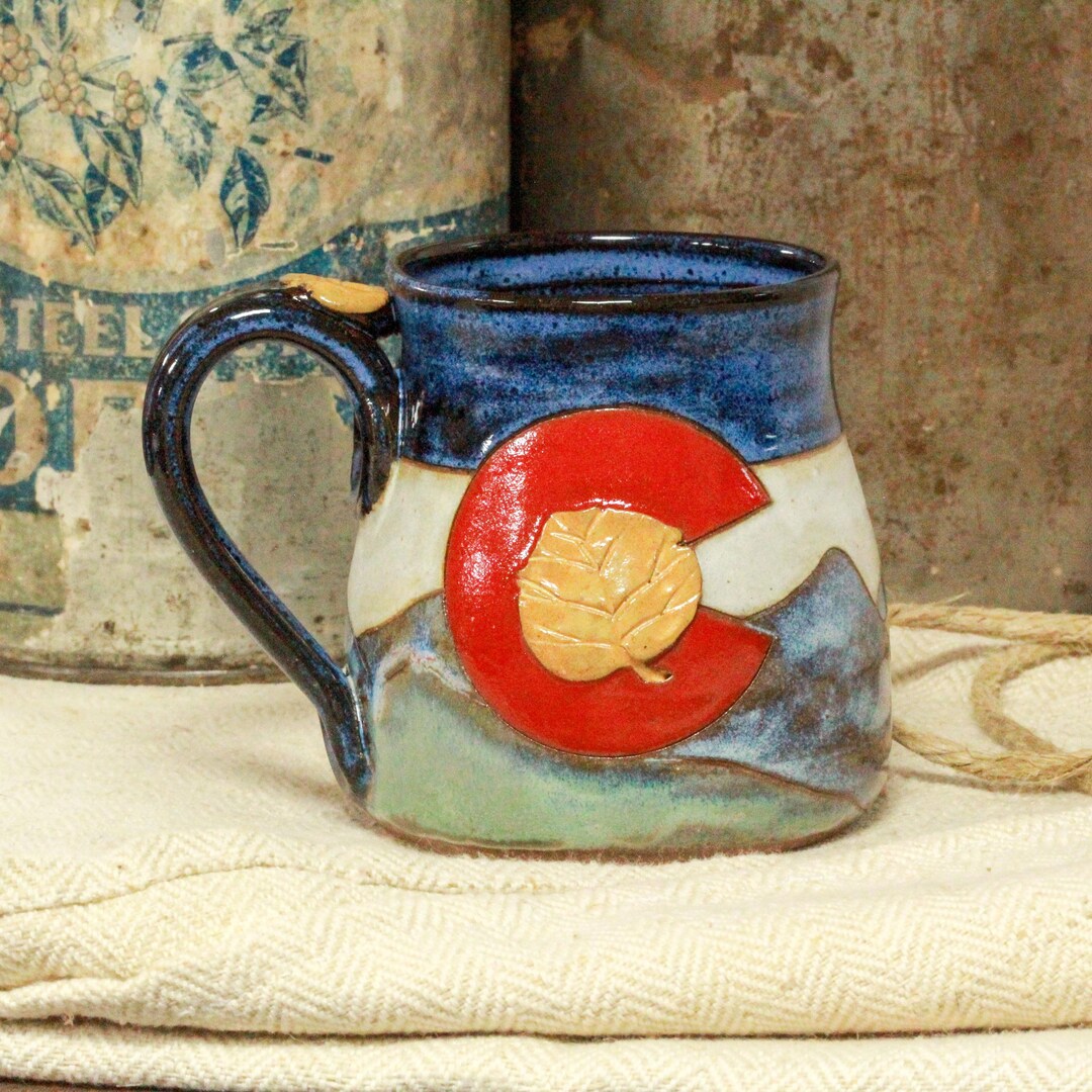 Colorado Pottery Mug: Handmade Stoneware Aspen Leaf Mountain Design - Etsy