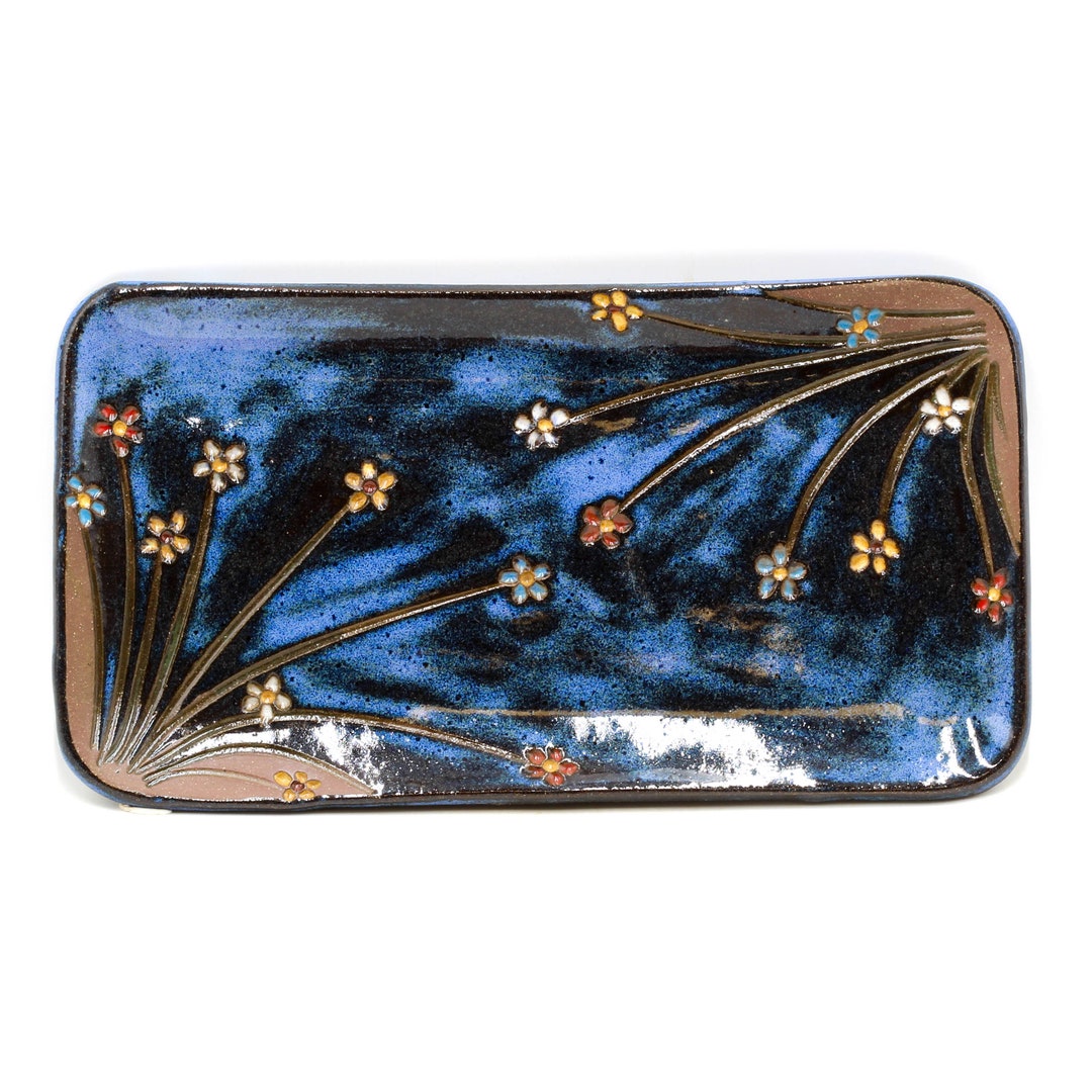 Wildflower Handmade Pottery Tray , Rectangle Blue Ceramic Luncheon ...