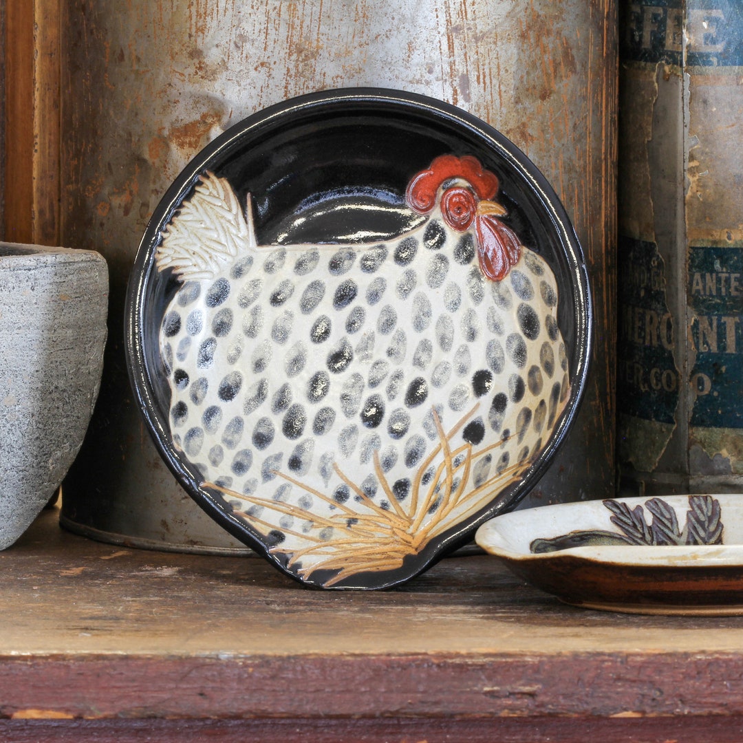 Spotted Hen Spoon Rest, Handmade Pottery Chicken Plate With Notch for ...