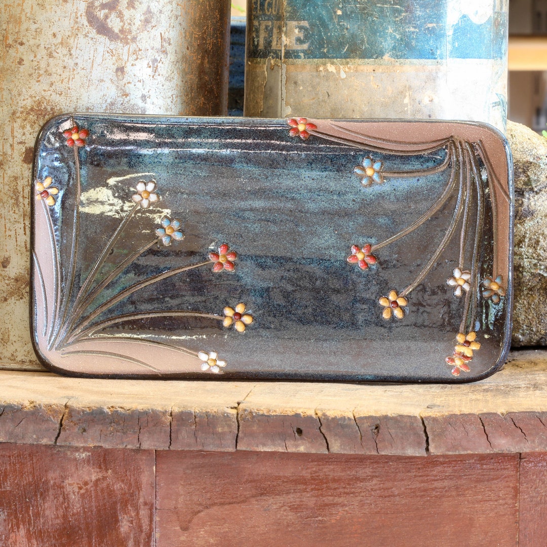 Wildflower Handmade Pottery Tray , Rectangle Blue Ceramic Luncheon ...