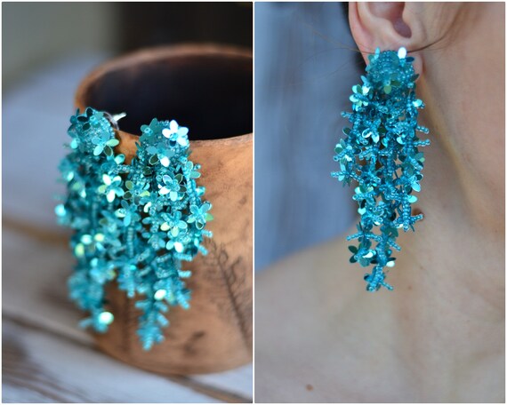 Floral drop sequins earrings turquoise blue | Etsy