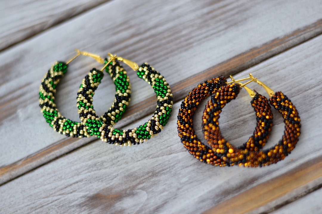 Snake Earrings Beaded Python Hoop Earrings Green Gold Brown Serpent ...