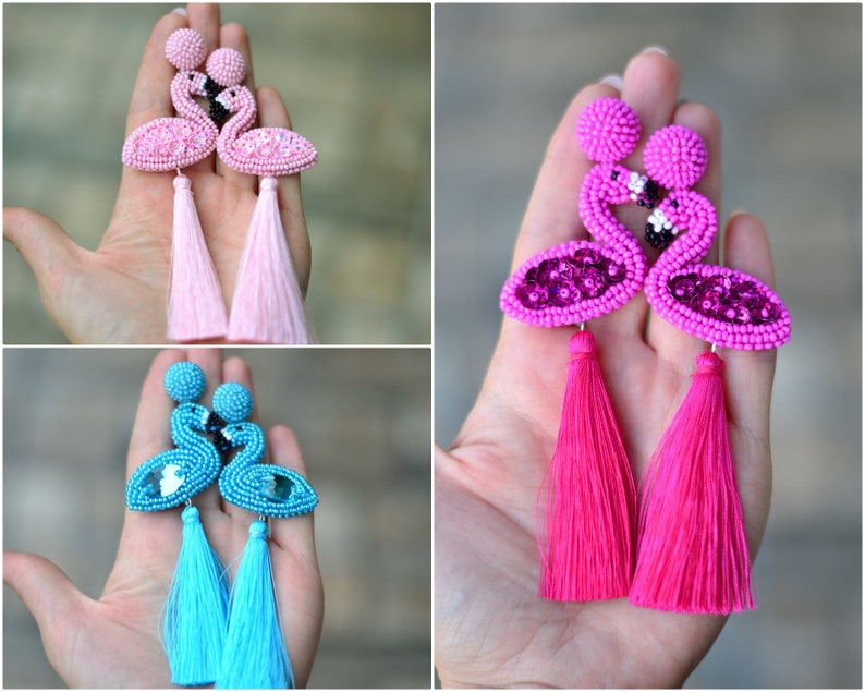 Beaded Flamingo Tassel Earrings - Etsy