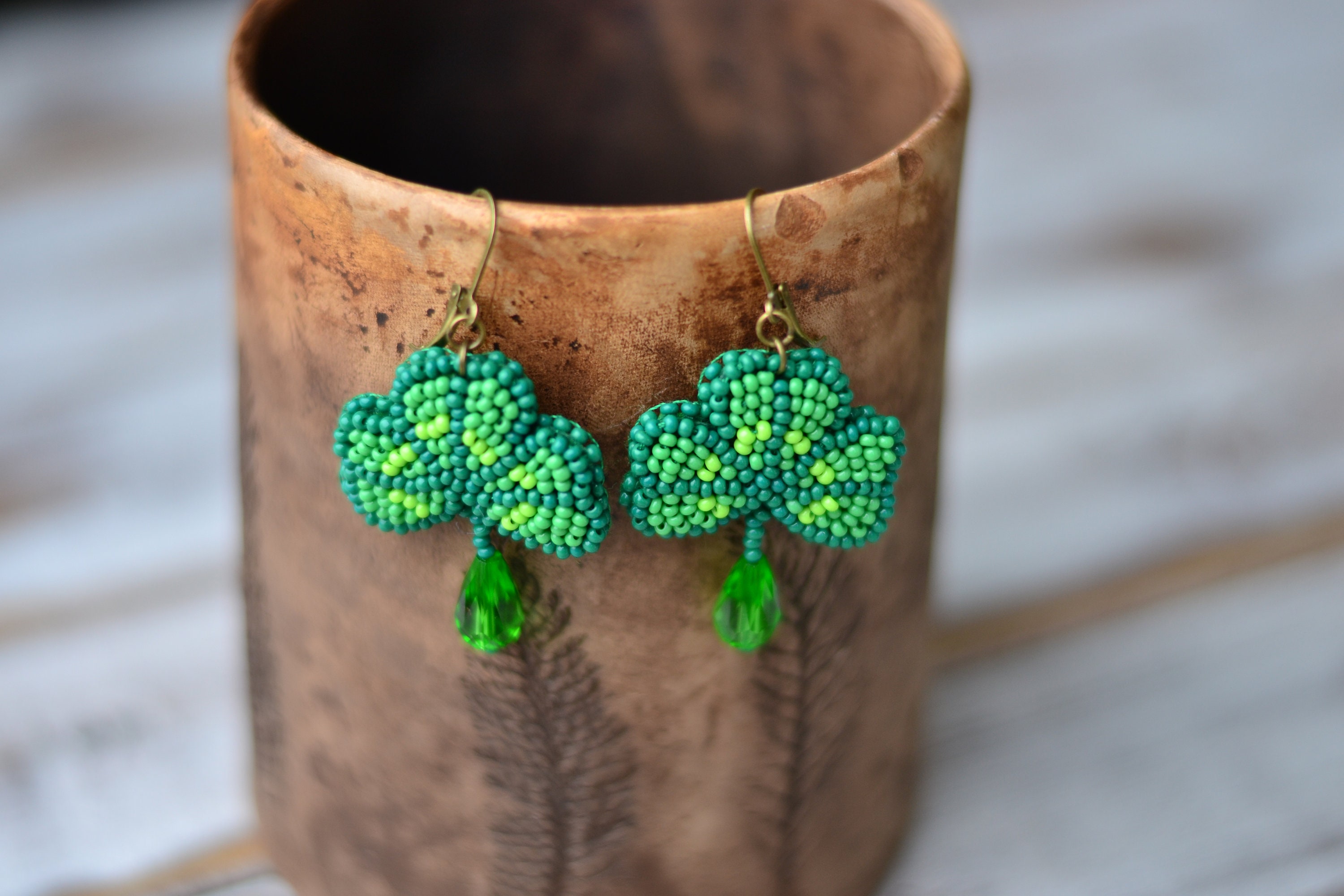 Clover earrings beaded shamrock earrings St. Patrick's Day | Etsy