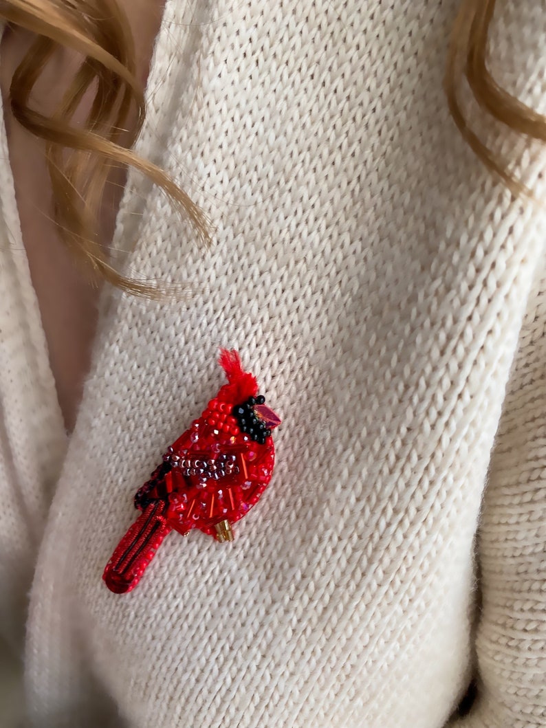 Red Cardinal Beaded Brooch: Embroidered Bird Lover Pin, Sequins Jewelry ...